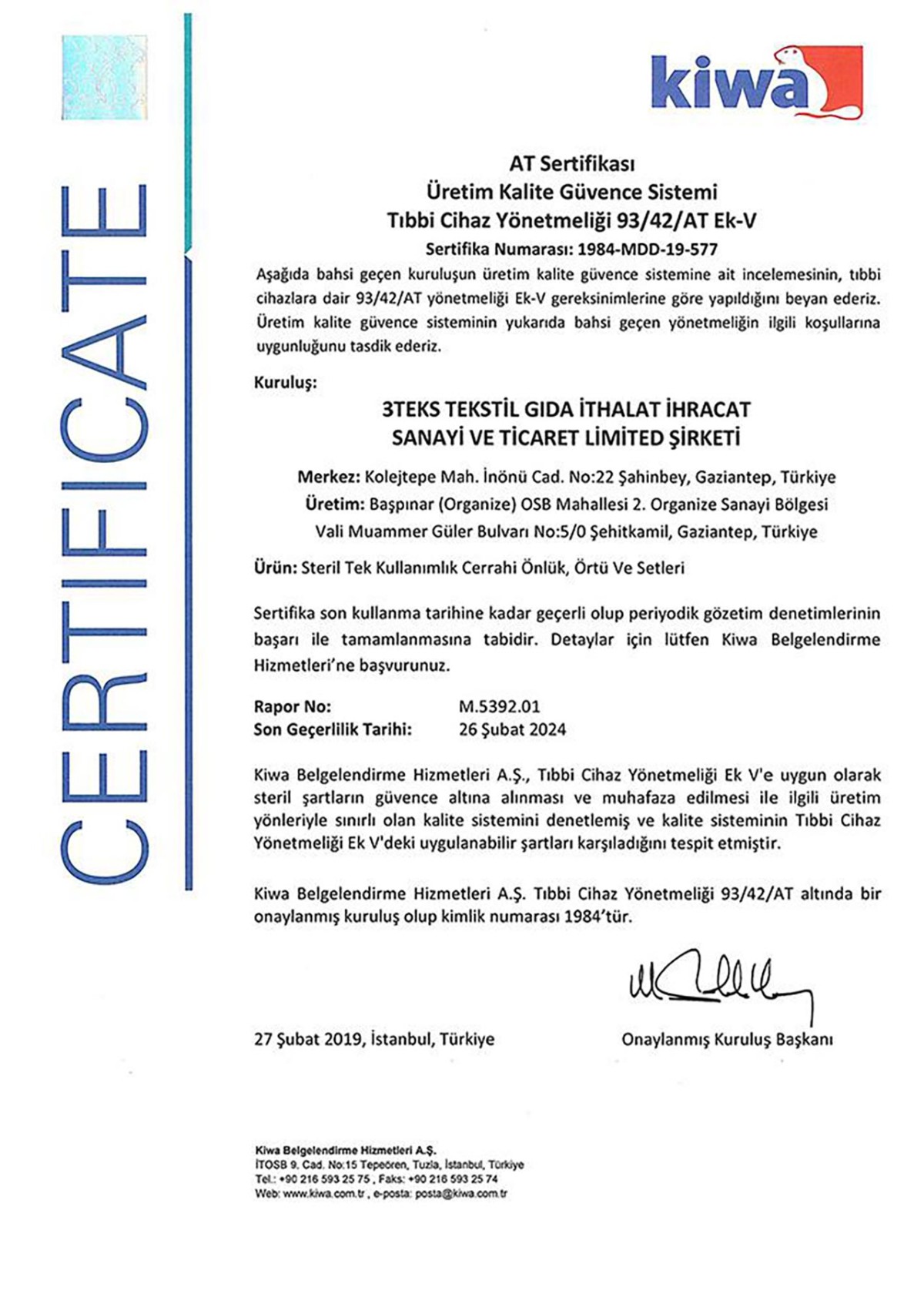 Documents & Certificates - 3Teks Medical Textile